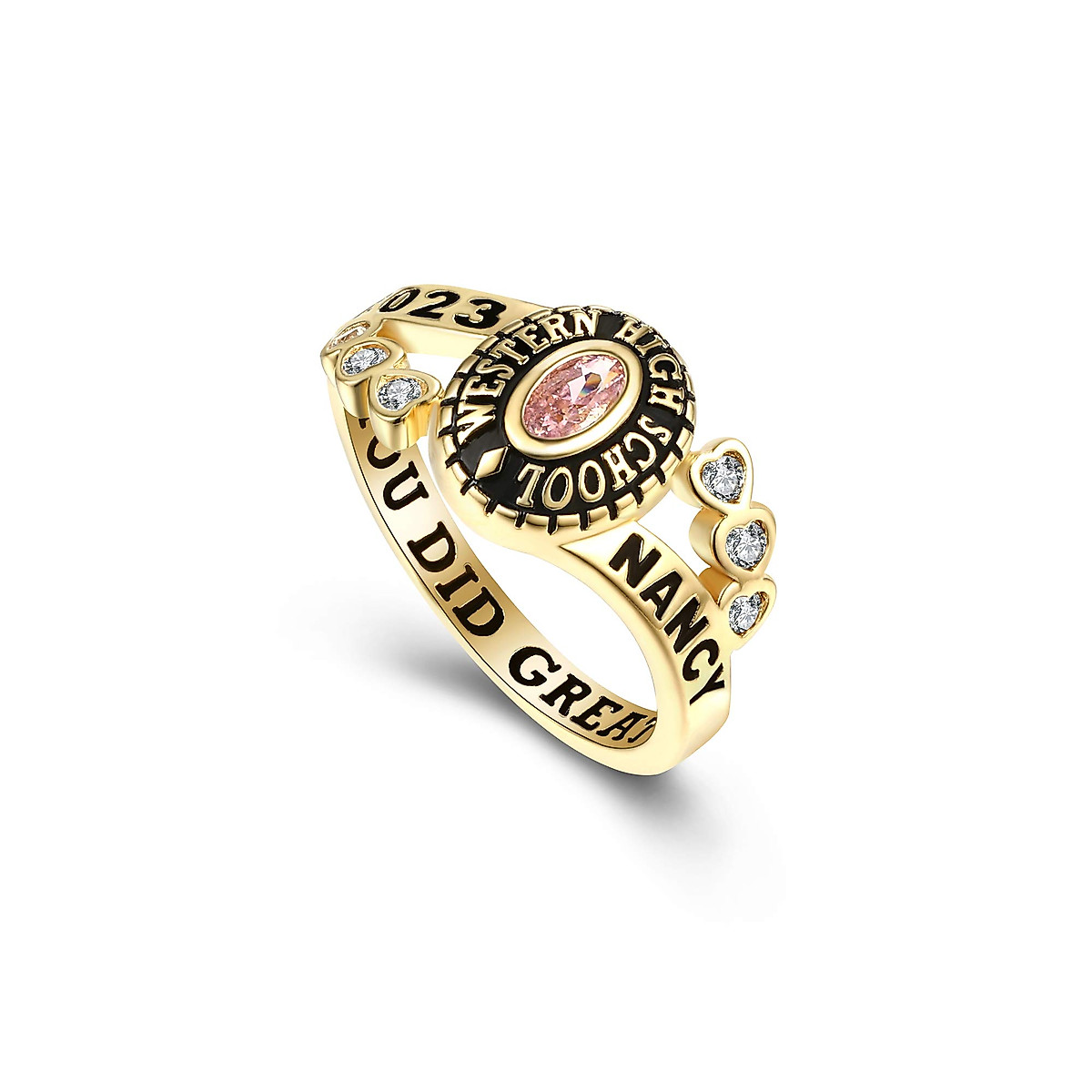 PJM Customized Sterling Silver or 10kt Ladies High School Class Ring – Sweetheart Collection – Fully Personalized (10kt Yellow Gold, 6)