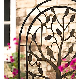 Plow & Hearth Arched Metal Garden Trellis with Symbolic Tree of Life Design, Weather-Resistant Matte Black Powder-Coat Finish and Burnished Bronze Highlights