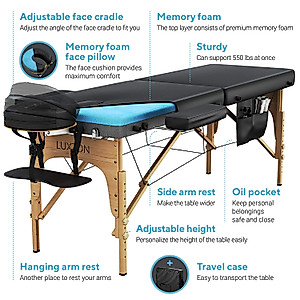 Luxton Home Memory Foam Massage Table Portable Foldable Massage Bed Adjustable Height, 72 inches Long, 27 Inches Wide, Home Salon Spa Bed with Carrying Case, Easy Set Up
