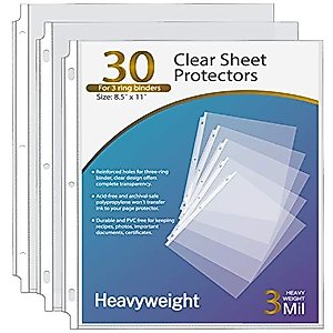 KTRIO Heavyweight Sheet Protectors 8.5 x 11 inch, 3 Mil Clear Page Protectors for 3 Ring Binder, Plastic Sleeves for Binders, Top Loading Paper Protector Letter Size, 30 Pack