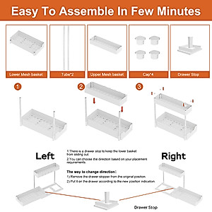 Under Kitchen Sink Organizers and Storage L-Shape Easy Assembly,Under Sink Organizer Kitchen Durable Pull-Out with Sliding Drawer,Bathroom Sink Organizer Large Capacity with Hooks,2 Pack,White