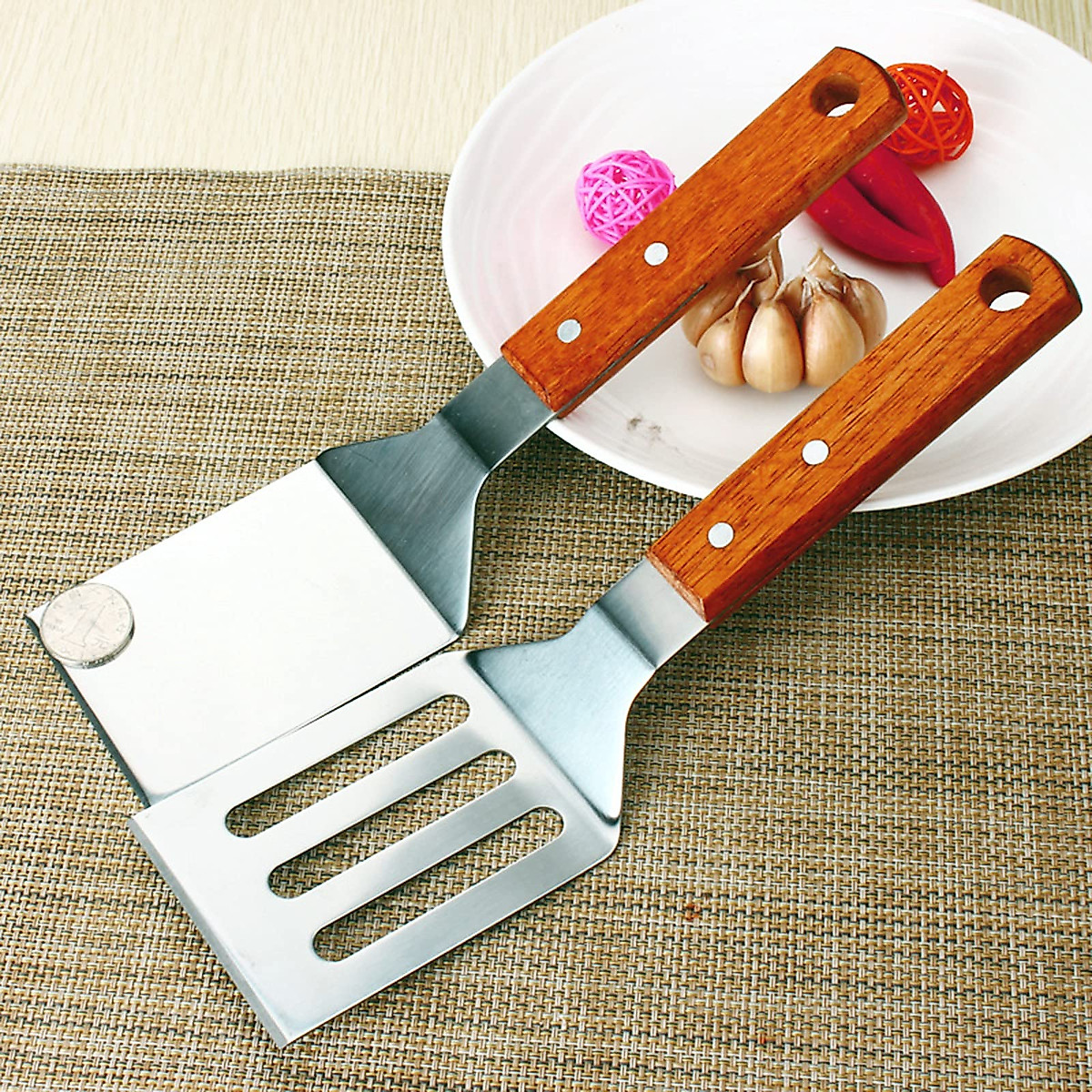 KLAQQED 2 PCS Metal Spatula for Cast Iron Skillet, Stainless Steel Grill Spatula Slotted Spatula Turner Fish Spatula with Wood Handle, Flat Top Grill Spatula, Griddle Metal Spatulas for Cooking BBQ