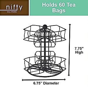 Nifty Tea Bag Spinning Carousel – 6 Compartments, Up to 60 Tea Bags Storage, Spins 360-Degrees, Lazy Susan Platform, Modern Black Design, Home or Office Kitchen Counter Organizer