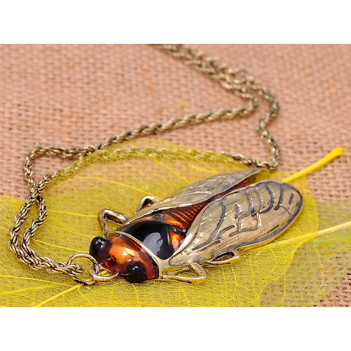 Alilang Big Antique Golden Tone Orange Amber Vintage Insect Cicada Beetle Bug Chain Pendant Necklace