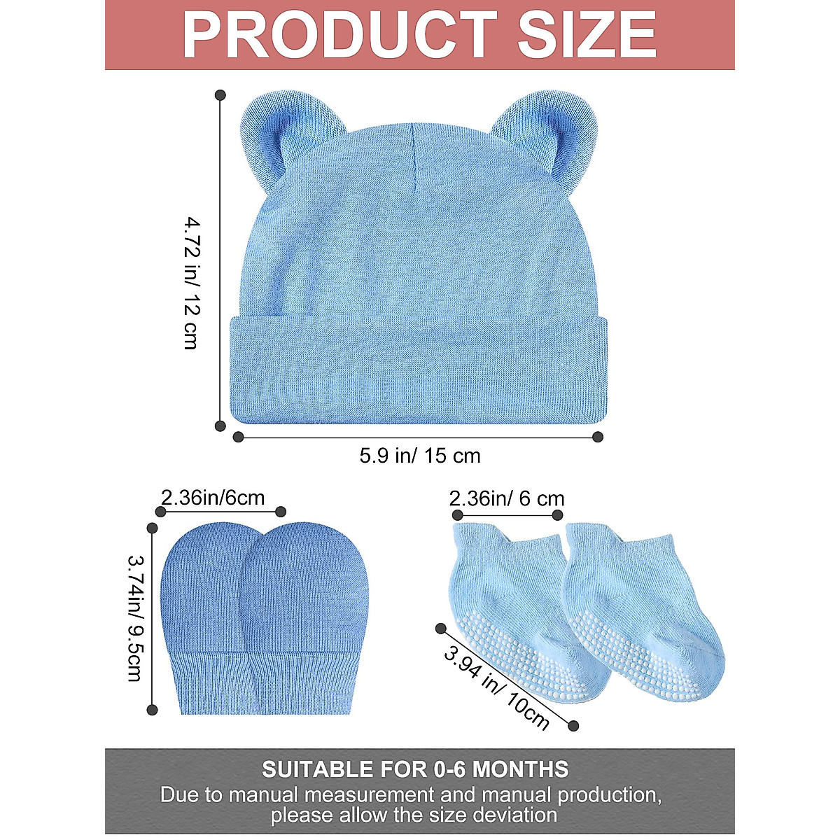 Geyoga Newborn Baby Hat Bear Ears Mittens and Socks Set for 0-6 Month(Multicolor,6 Set)