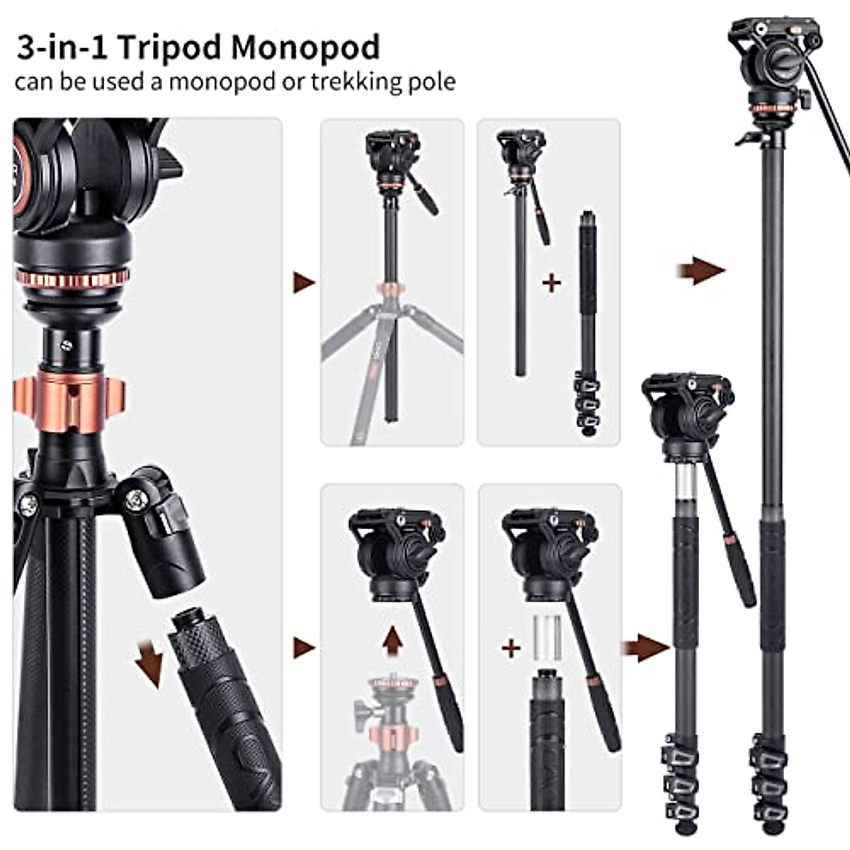 Cayer CF2451 Video Tripod 77 inches Carbon Fiber Tripod Leg with Fluid Drag Head, 4-Section Compact DSLR Tripod Convertible to Monopod for DSLR Camera, Video Camcorder
