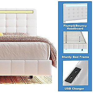 Aiuyesuo Modern Queen Size Floating Bed with Headboard and USB Ports, Solid Wood Upholstered Platform Bed Frame with Led Lights Faux Leather, Wooden Slats, No Box Spring Needed (White-TD34)
