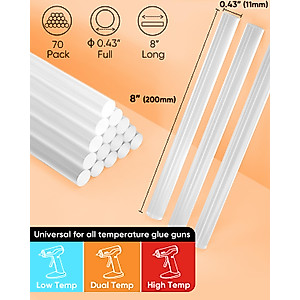 SHALL Full Size Hot Glue Sticks, 0.43” Dia x 8” Long, 70-Pack Clear Hot Melt Glue Gun Sticks for All-Temp Glue Guns, Multipurpose for Kids Adults DIY Art Craft Sealing Repairing Festival Decoration