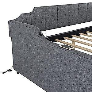 Upholstered Daybed with Pop Up Trundle, Full Size Daybed with Trundle and USB Charging Design, Trundle can be Flat or Erected, Extendable Daybed Frame for Kids Teens (Grey,Full)
