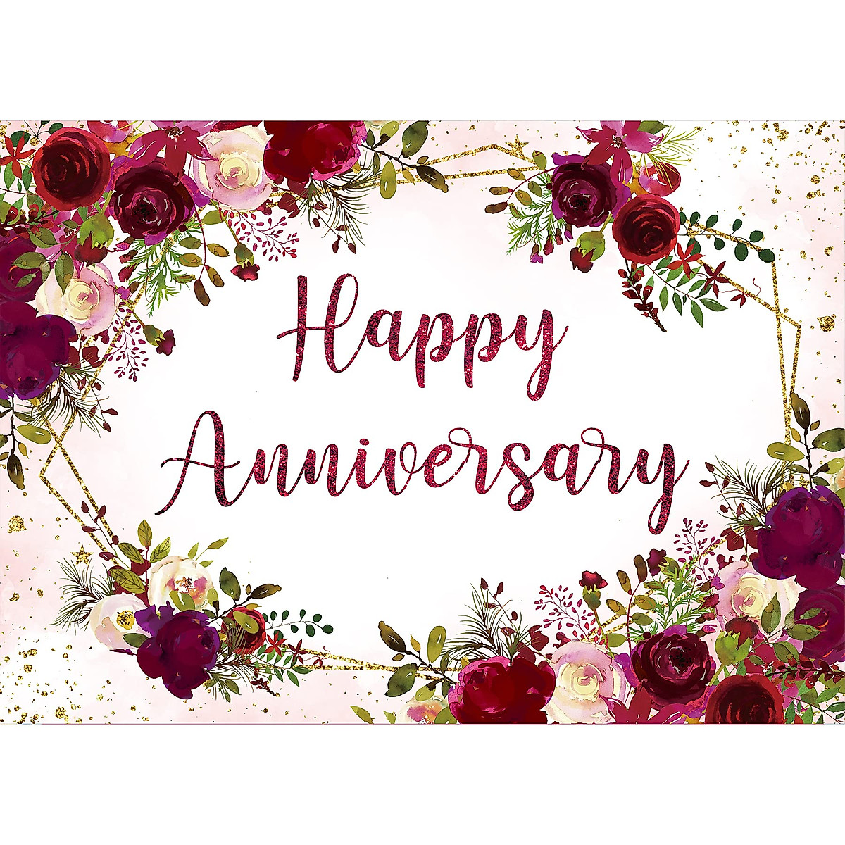Homewelle Happy Anniversary Backdrop 7Wx5H Feet Polyester Fabric Elegant Burgundy Flower Rose Plant Botanical Decoration Green Leaves Gold Glitter Photography Background Photo Shoot Props