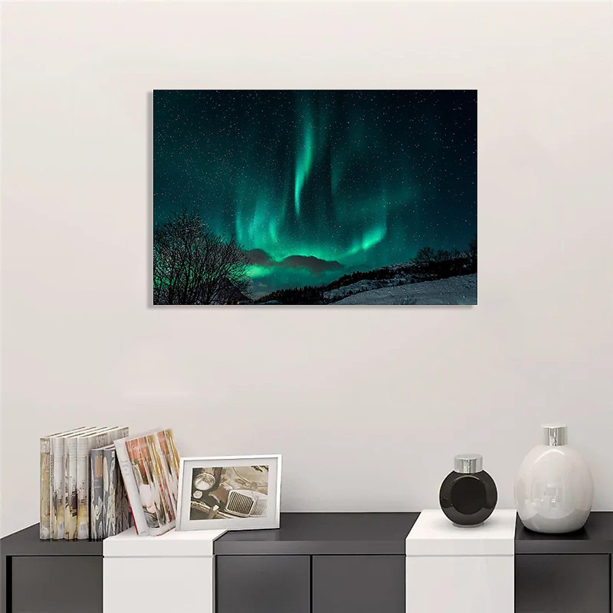 Aurora Scenery Painting on Canvas Prints,Green Aurora Borealis Starry Sky,Canvas Wall Art,for Bedroom Modern Scenery Painting Print Artwork Ready to Hang 80x120cm(31x47in) Framed