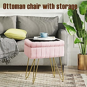 Greenstell Vanity Stool Chair Faux Fur with Storage, 15.7"L x 11.8"W x 19.4"H Soft Ottoman 4 Metal Legs with Anti-Slip Feet, Furry Padded Seat, Modern Multifunctional Chairs for Makeup, Bedroom Pink