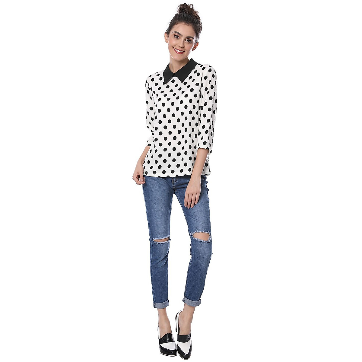 Allegra K Women's Polka Dots Contrast Peter Pan Collar Top 3/4 Sleeves Blouse Shirt X-Large White