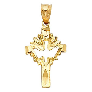 Wellingsale 14K Yellow Gold Polished Diamond Cut Ornate Religious Christian Cross with Holy Spirit Dove Pendant