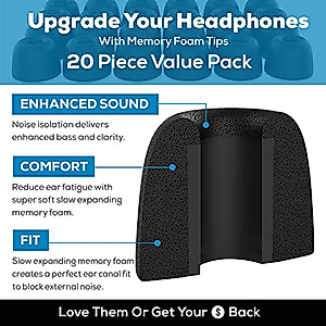 SONICFOAM Memory Foam Earbud Tips - Premium Noise Isolation, Replacement Foam Earphone Tips, 20 Pack for in Ear Headphone Earbuds (SF2 Medium, Black)