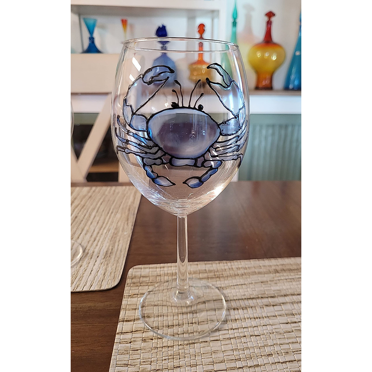 Blue Crab Hand Painted Stained Glass Stemmed Wine Glasses Set of 2