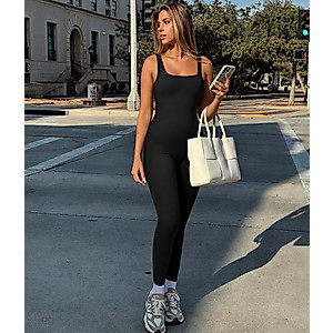 TrainingGirl Womens One Piece Workout Jumpsuits Square Neck Tank Tops Rompers Ribbed Sleeveless Exercise Unitard Yoga Bodycon (Black, Small)