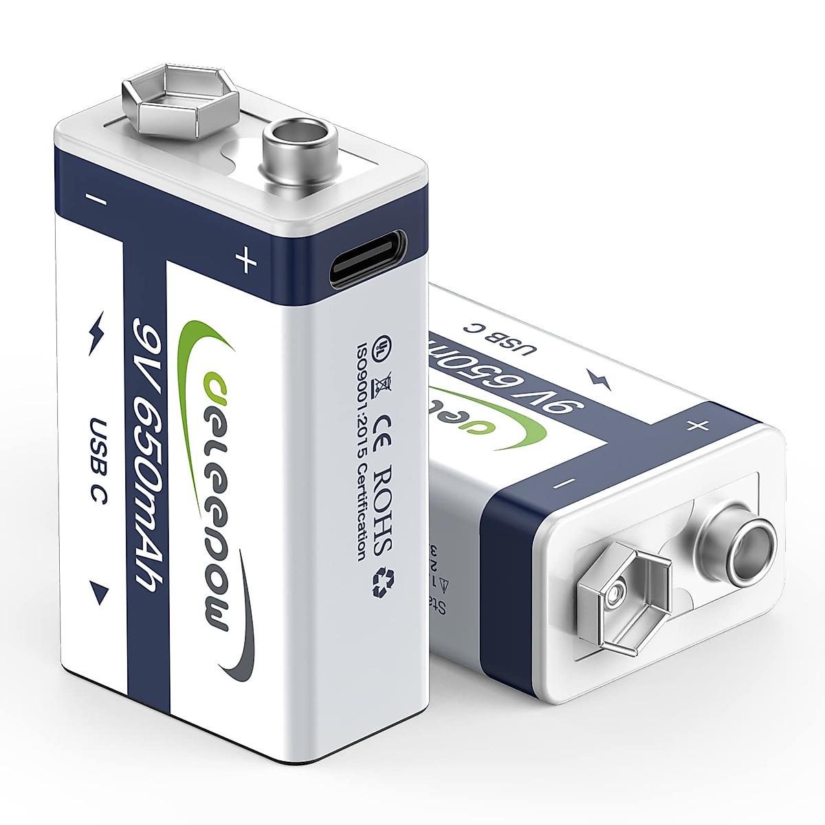 Deleepow Rechargeable 9V Batteries 650mAh USB 9V Lithium Battery 2 Pack with USB-C Cable