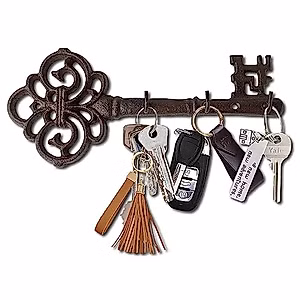 Key Holder for Wall - Cast Iron Skeleton Key - Decorative Farmhouse Rustic Wall Mount Key Organizer - 3 Key Hooks -  Vintage Key Rack for Entryway with Screws & Anchors – 10.8 x 4.7 " - Rust brown
