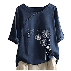 DASAYO Linen Button Down Shirt Women Half Sleeve Loose Vintage Blouses Top Dandelion Print Casual Summer Comfy Shirts Tops