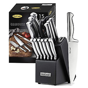 McCook MC21 German Stainless Steel Knife Block Sets with Built-in Sharpener + MCW12 Bamboo Cutting Board(Large, 17”x12”x1”)