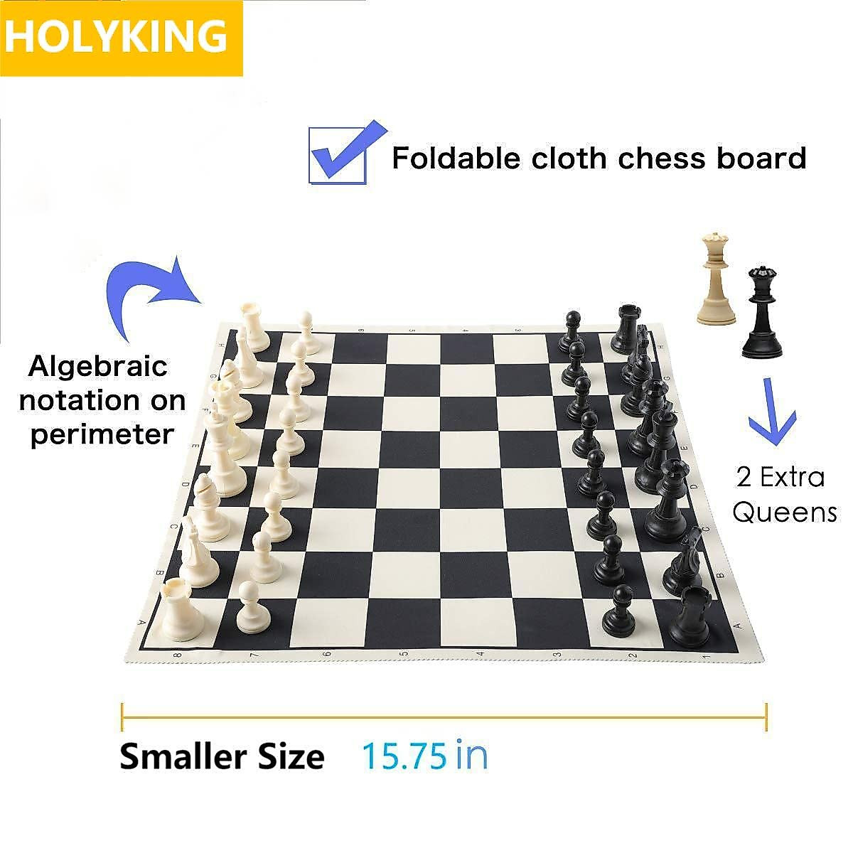 HOLYKING Compact Chess 15.7'' Chess Board, Easy Carry Cloth Chess Set, Portable Travel Chess Game Set, Roll Up Combination Beginner Chess Set for Kids and Adults