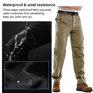Jessie Kidden Mens Waterproof Hiking Pants, Outdoor Snow Ski Fishing Fleece Lined Insulated Soft Shell Winter Pants (6070 Khaki, 34)