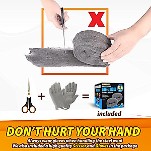 Steel Wool Mice Fabric Roll Control 2 Pcs Total (3.2”x 22.5 Feet) - Gap Fill Fabric - Block Holes, Wall Cracks, Cleans Rusty Tools, Hardware DIY Kit - One Pair of Gloves and Scissor Included