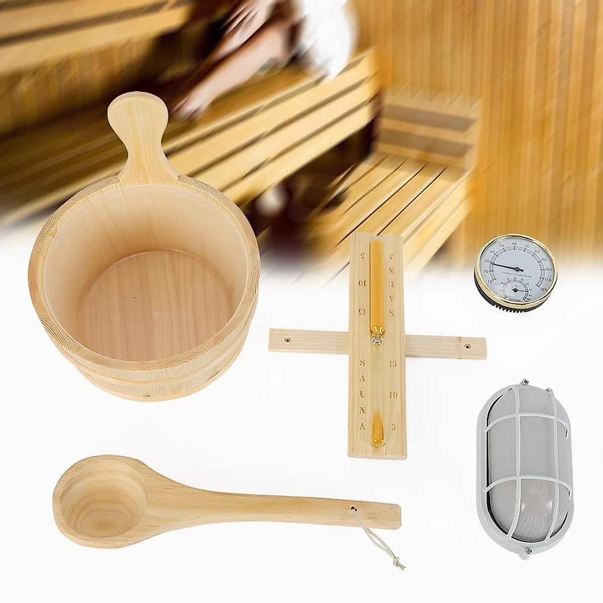 Wooden Sauna Bucket with Ladle Sauna Accessories with Hourglass Thermometer Explosion-Proof Lamp Plastic Liner 5Pcs Sauna Starter Set for Sauna Spa