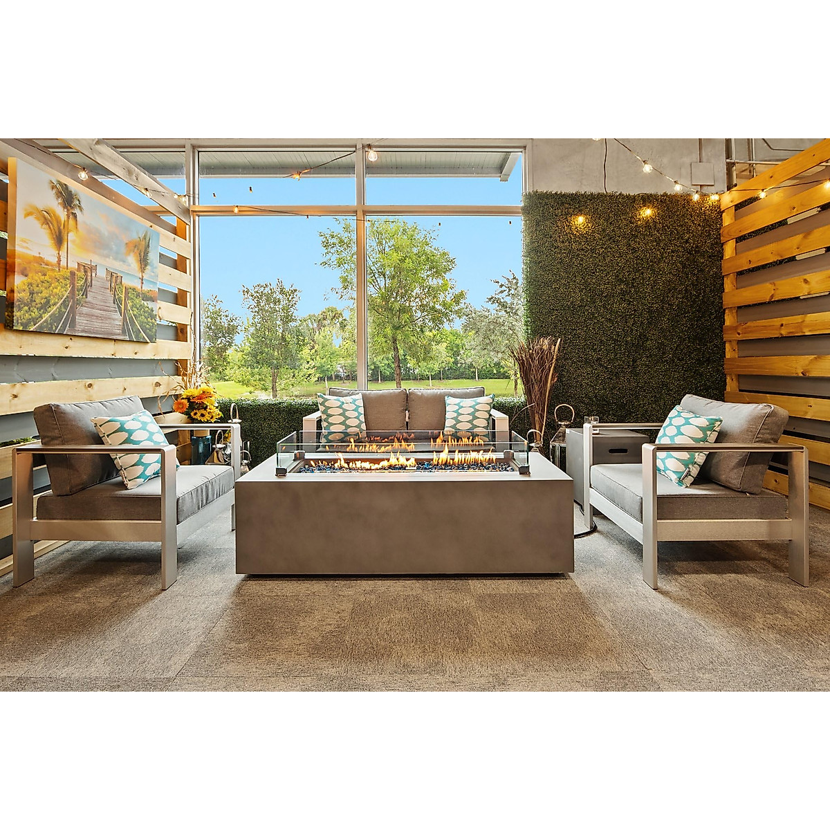 60" Rectangular Modern Concrete Fire Pit Table w/Glass Guard and Crystals (Gray)