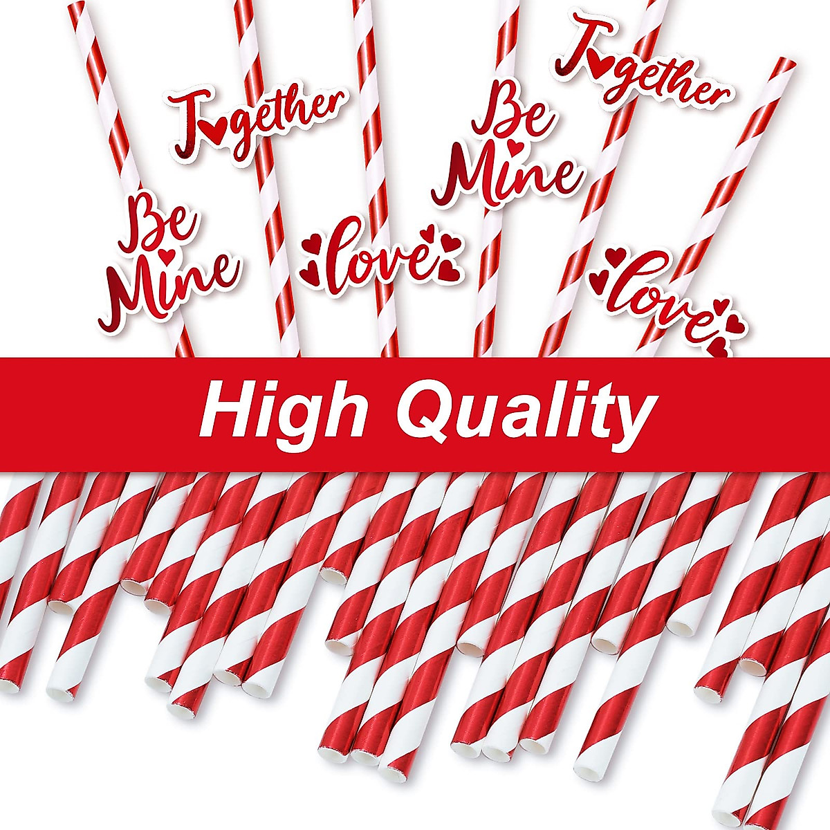 Whaline Valentine's Day Paper Straws 60Pcs Metallic Red Drinking Straws with 60Pcs Foil Red Letter Slices White Stripe Disposable Straws for Beverages Cocktail Wedding Birthday Party Supplies