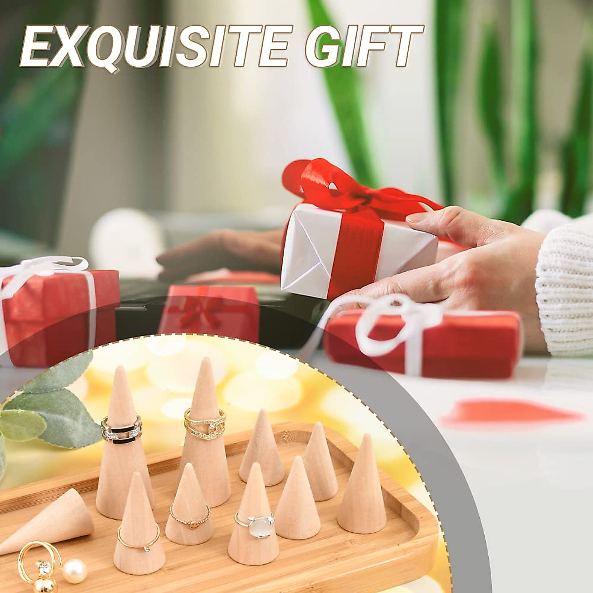 Luckforest Natural Wood Cones, 10Pcs 3 Different Sizes Wood Cone Rings Holder Jewelry Display Stand Vertical Shaped Unpainted Wooden Cones for Girls Women DIY Craft