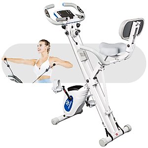 ADVENOR Exercise Bike Magnetic Fitness Bike Cycle Folding Stationary Bike Arm Resistance Band Workout Backrest Extra-Large Seat Cushion Indoor Home Use (2 in 1 Standard Edition, black)