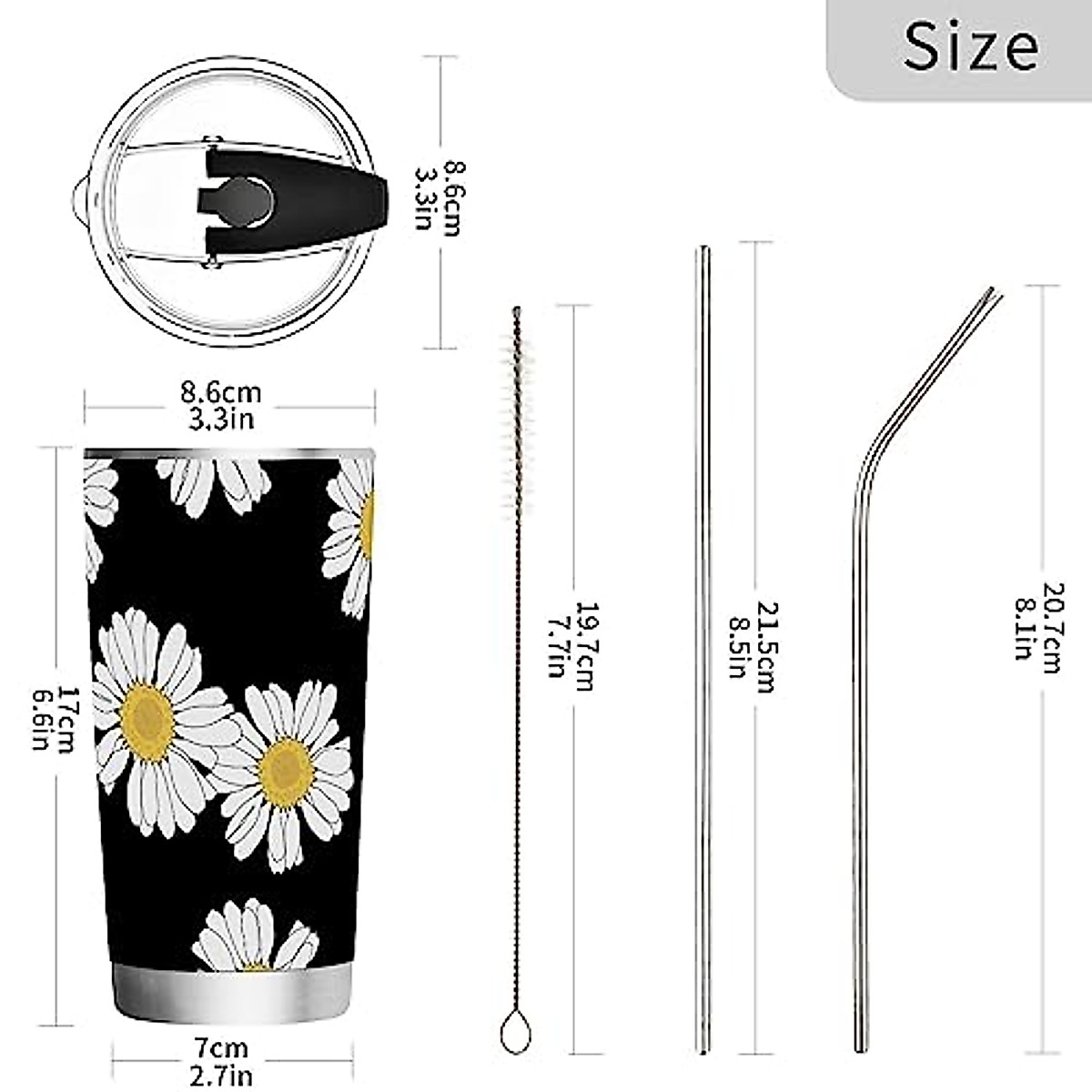 Kigai Stainless Steel Water Bottles Tumbler with Lids & Straws Vacuum Insulated Leak Proof Travel coffee Mug BPA FREE Smoothie Cup 12 OZ, Black White Daisy