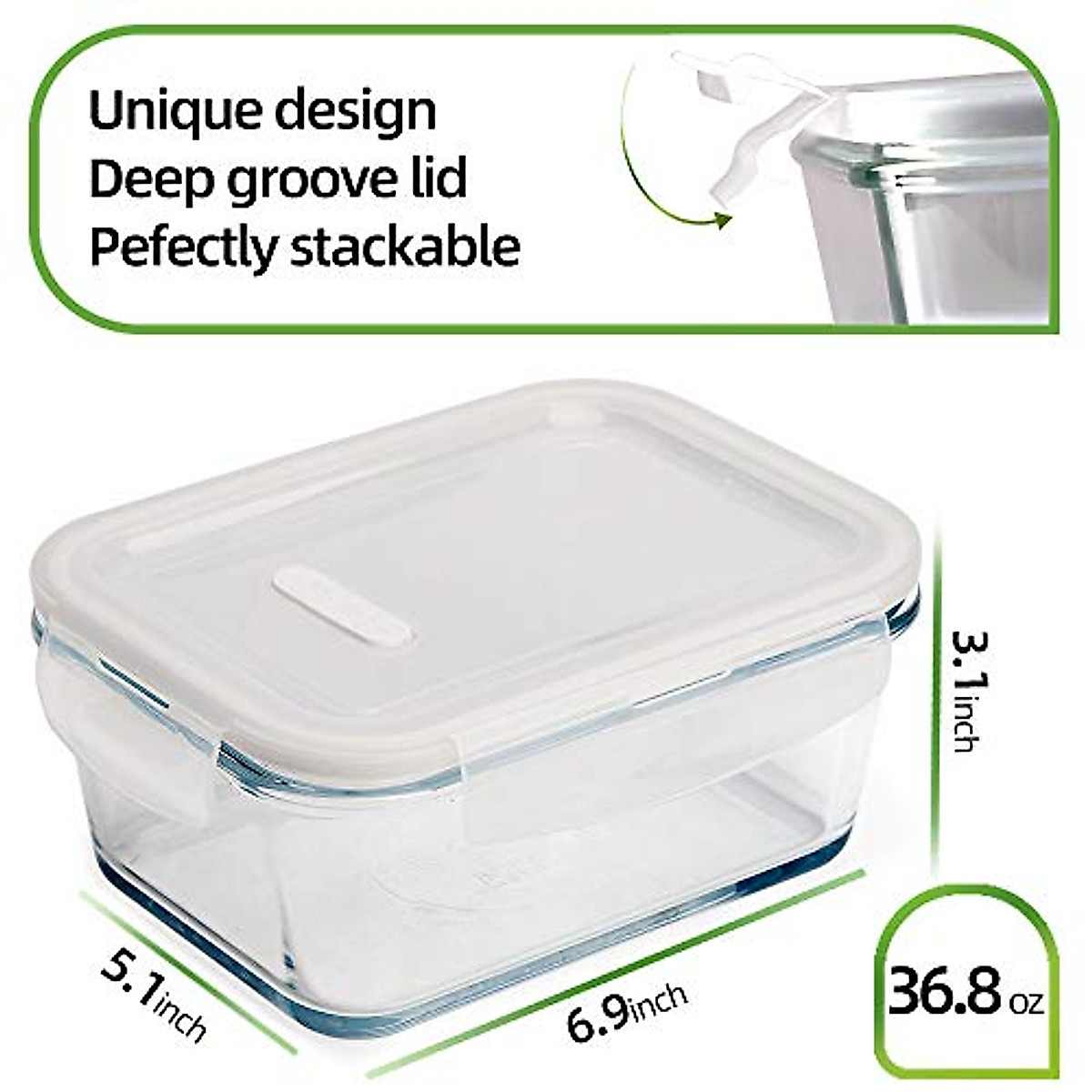 DAS TRUST 5 Pack 36oz Glass Food Storage Container Meal Prep Containers Reusable Fridge Organizers Lunch Container for Adults with Lid Airtight