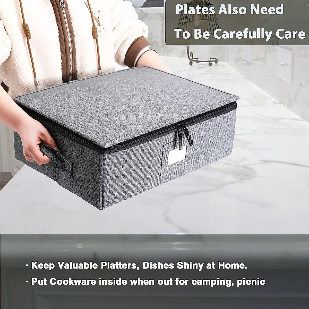 TEYIKA 2 Pcs China Storage Containers, Platter Storage Case Containers, 5.5'' Tall with Hard Shell, Structured Top, Bottom and Sides, 8 Felt Dividers Included(17'' x 13'' x 5.5''), Grey 2 Pack