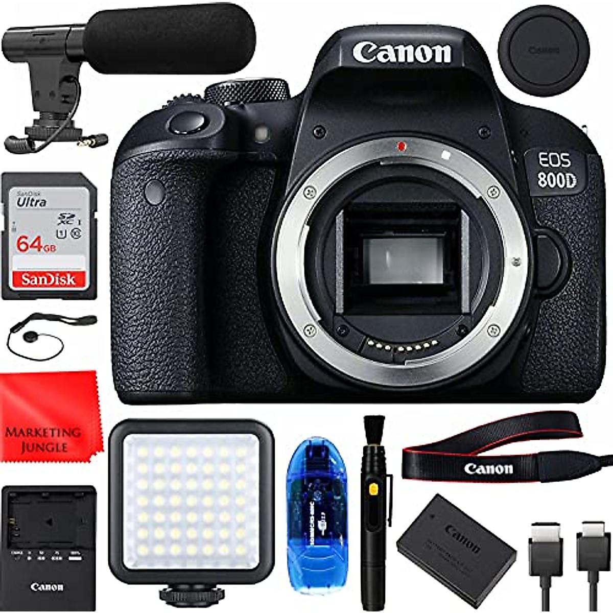 800D (T7i) DSLR Camera (Body Only) Bundle, Starter Kit with Accessories (LED Light, Shotgun Mic, 64Gb Memory, Cleaning Pen and More)