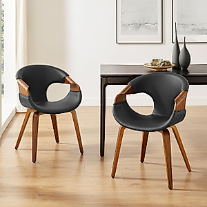 Art Leon Desk Chair No Wheels - Mid Century Modern Chair, Faux Leather Upholstered Office Chair with Wood Legs for Living Room Bedroom, Walnut Bentwood, Black