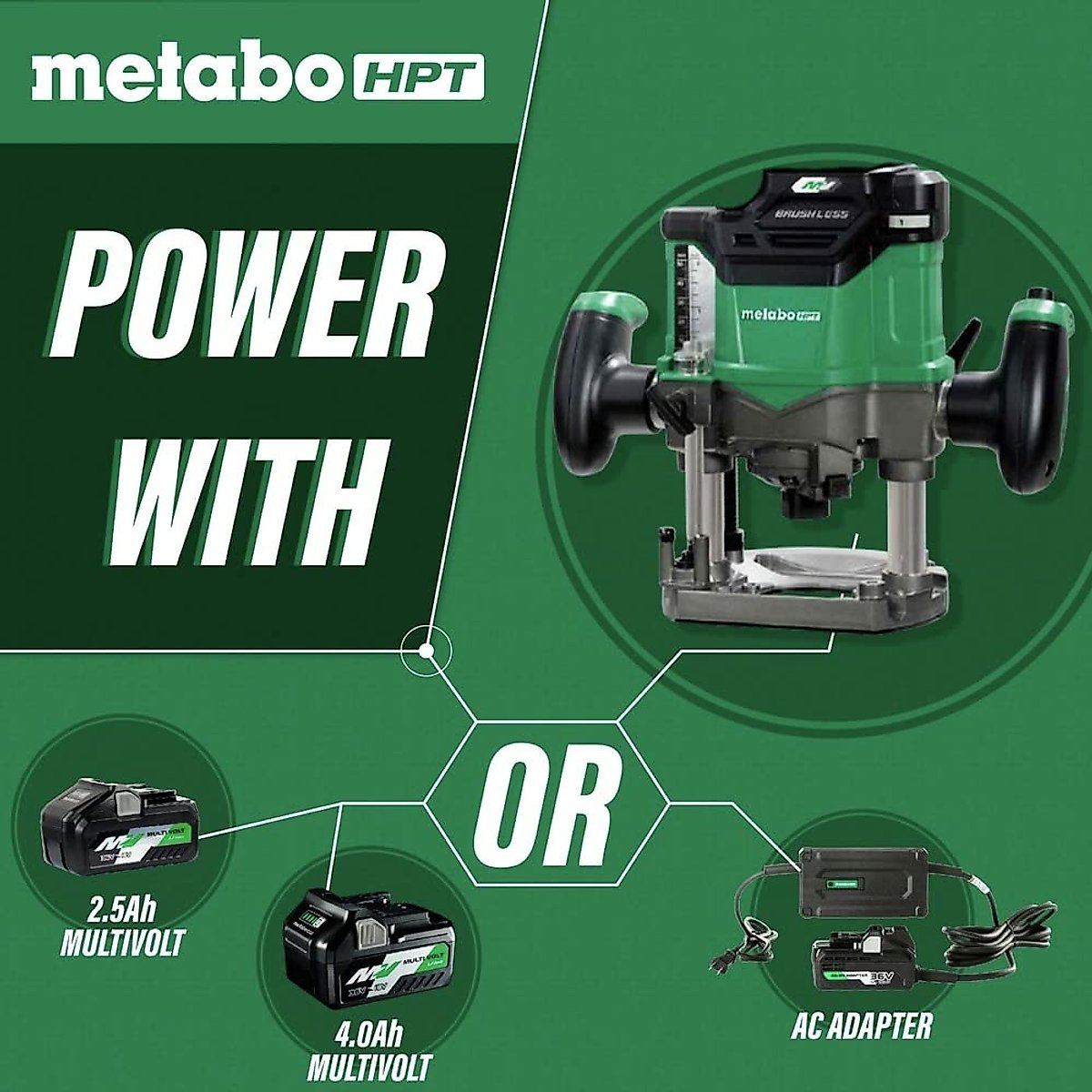 Metabo HPT 36V MultiVolt™ Cordless Plunge Router | Tool Only - No Battery | Includes 1/2-Inch and 1/4-Inch Collets | Variable Speed | Optional AC Adapter | M3612DAQ4