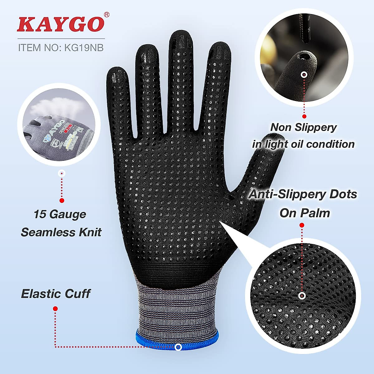 KAYGO Work Gloves MicroFoam Nitrile Coated KG19NB, Seamless Knit Nylon Safety Work Gloves with Micro Dots on palm, Ideal for General Purpose,Automotive,Home Improvement,Painting (3, Medium)