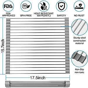 Oliomp Roll Up Dish Drying Rack, 17.5" x 15.7" Over The Sink Stainless Steel Roll-Up Dish Drying Rack Foldable Rolling Dish Drainer Suitable for Dishes,Fruits Vegetables Integrated Sink Drying Rack.