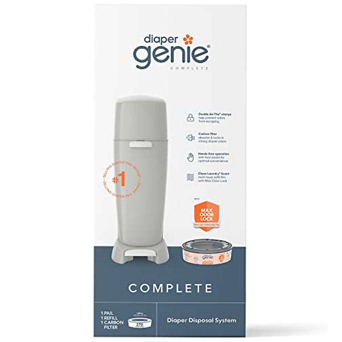 Diaper Genie Complete Pail with Built-In Odor Controlling Antimicrobial, Includes Pail and 1 Refill, Gray Pail, 2 Piece Set (Pack of 1)