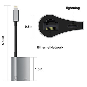 [Apple MFi Certified] 2 in 1 RJ45 Ethernet LAN Network Adapter, Lightning to RJ45 Ethernet Adapter with Charge Port Compatible with iPhone/iPad/iPod, Plug and Play, Supports 100Mbps Ethernet Network