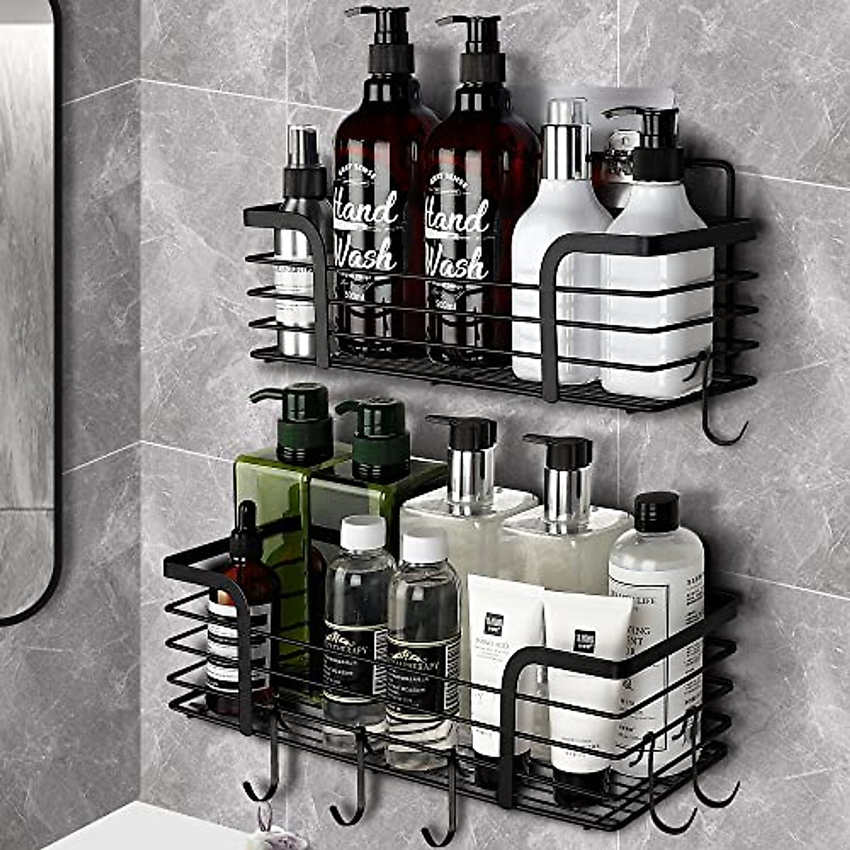 Gulex 2 Pack Adhesive Shower Caddy Shower Shelves with Hooks, No Drilling Stainless Steel Shower Shelf Bathroom Organizer