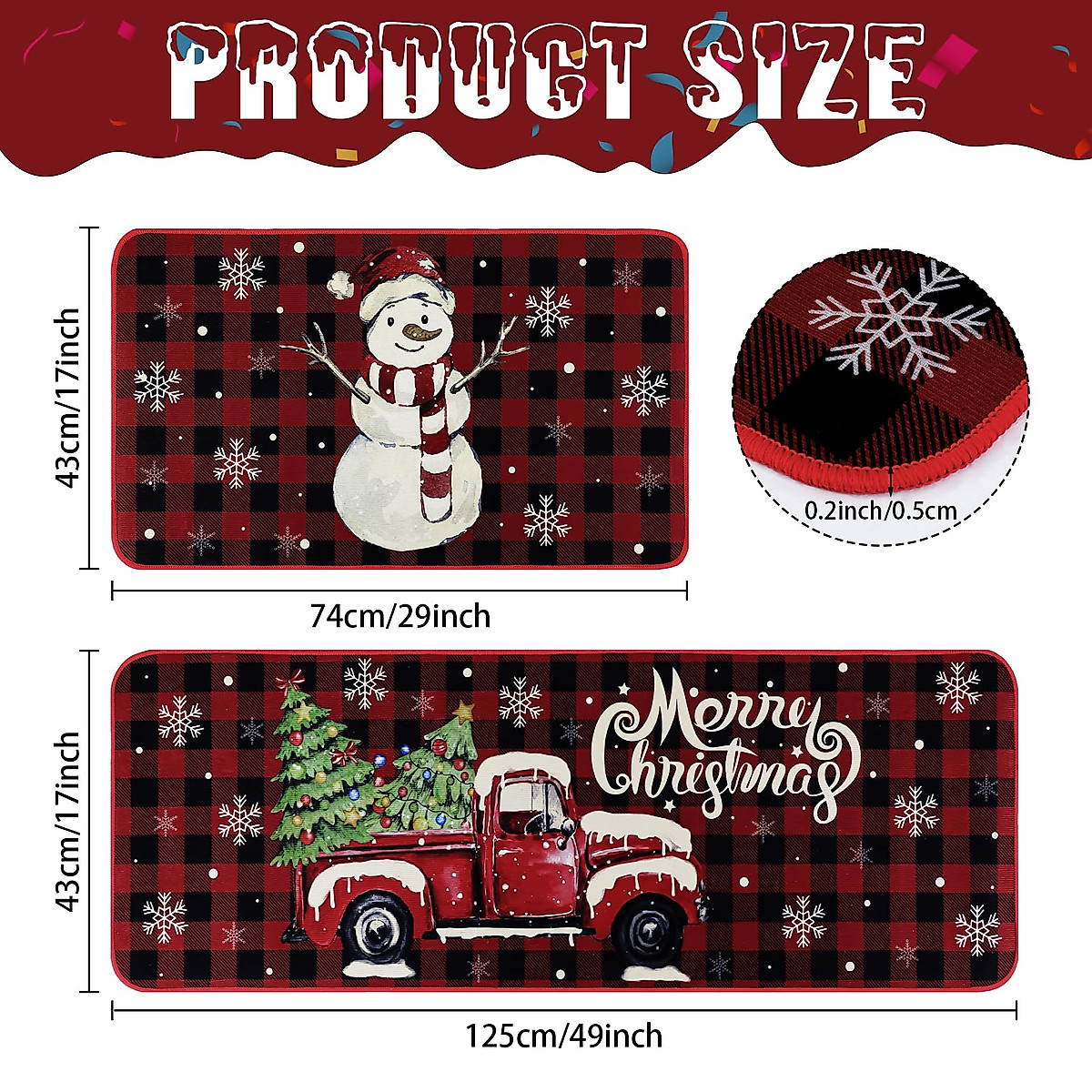 Drydiet 2 Set Buffalo Plaid Christmas Kitchen Rugs Snowman Snowflake Red Truck Kitchen Rug Xmas Non Slip Christmas Kitchen Mat for Winter Home Kitchen Christmas Decor, 17 x 29 Inch and 17 x 49 Inch