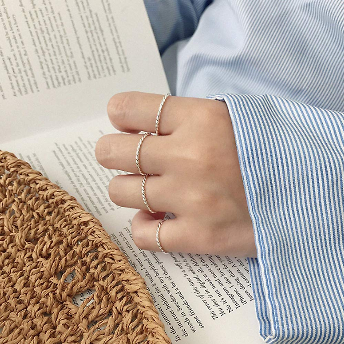 SILBERTALE Stacking Knuckle Rings for Women Men Sterling Silver Thin Twist Rope Stackable Rings Set Pinky Rings Size 2.5