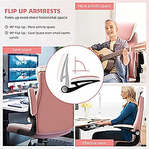 YAMASORO Ergonomic Home Executive Office Chair with Flip-up Armrests and Lumbar Support, High Back Desk Chair Computer Gaming 360 Swivel Adjustable PU Leather for Adults and Teens, Pink