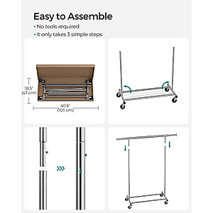 SONGMICS Clothes Rack with Wheels, Heavy-Duty Clothing Rack for Hanging Clothes, Portable Garment Rack, with Extendable Hanging Rail, 220 lb Load Capacity, Silver UHSR13SV1