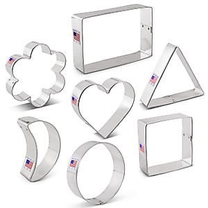 Basic Geometric Classic Shapes Cookie Cutters 7-Pc. Set Made in USA by Ann Clark, Heart, Circle, Square, Rectangle, Triangle, Crescent Moon, Flower