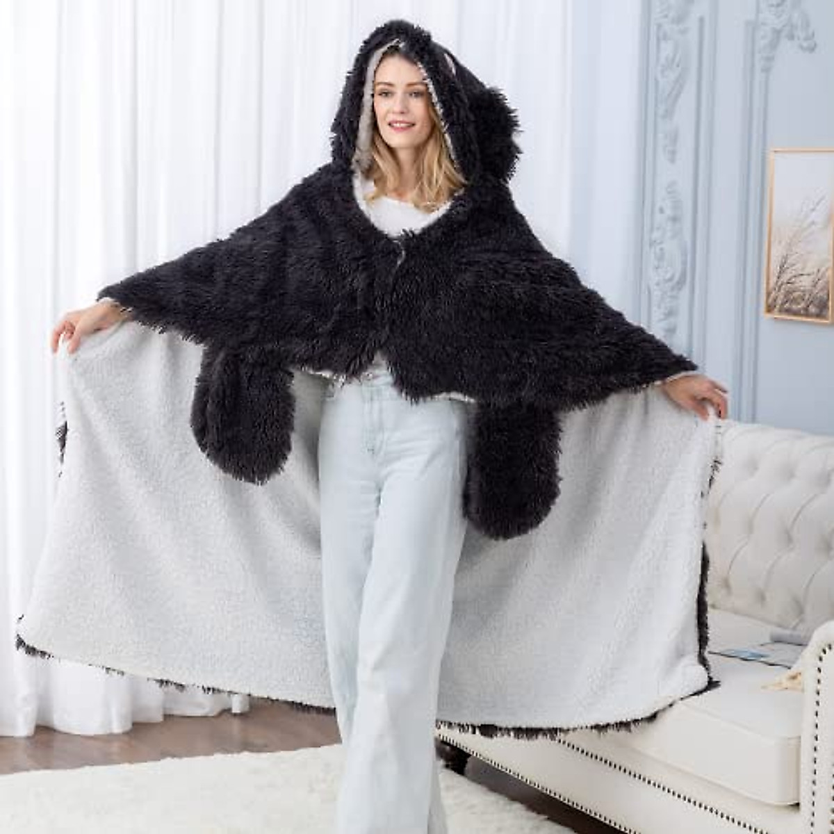 VK Living Wearable Blanket Hoodie Cat Wearable Hooded Blanket Adult, Sherpa Fleece Wearable Blanket, Super Soft Warm Fuzzy Oversized Wearable Hooded Blanket for Sofa Bed Camping